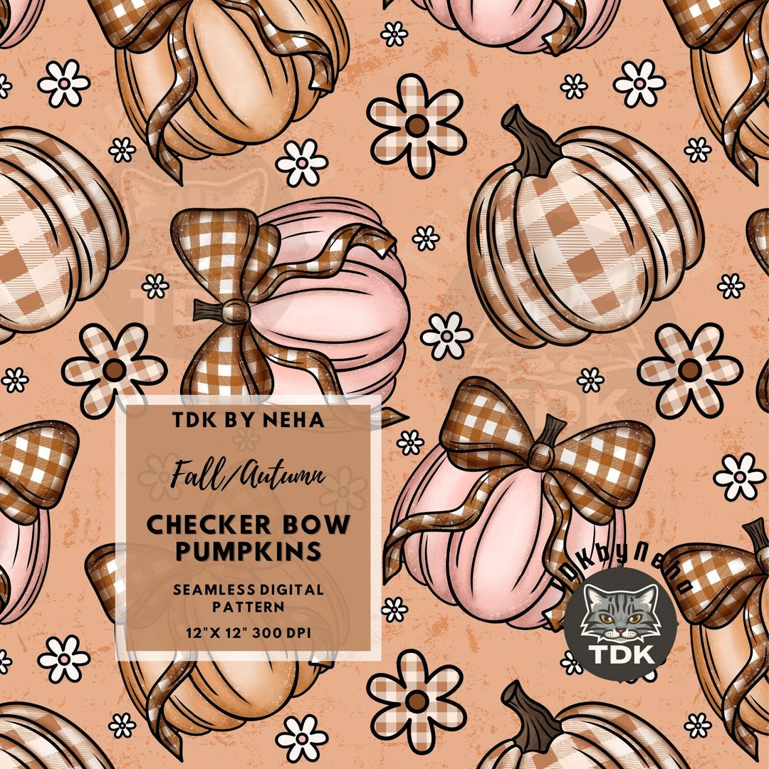 Fall Boho Checkered Coquette Bow Pumpkin Seamless Pattern Digital Paper ...