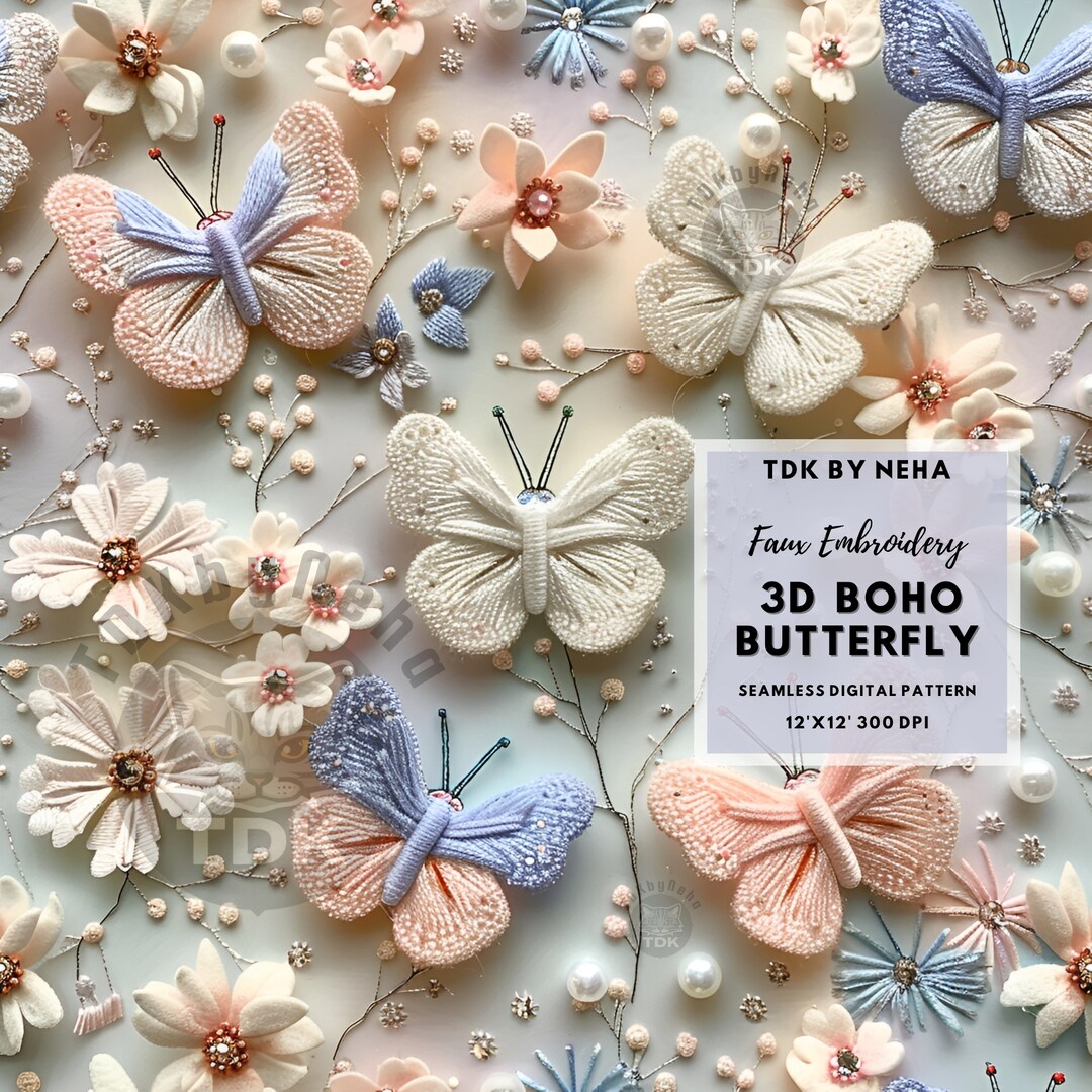 Boho Butterfly 3D Embroidery Seamless Pattern Digital Paper for Fabric ...