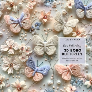 Boho Butterfly 3D Embroidery Seamless Pattern Digital Paper for Fabric ...