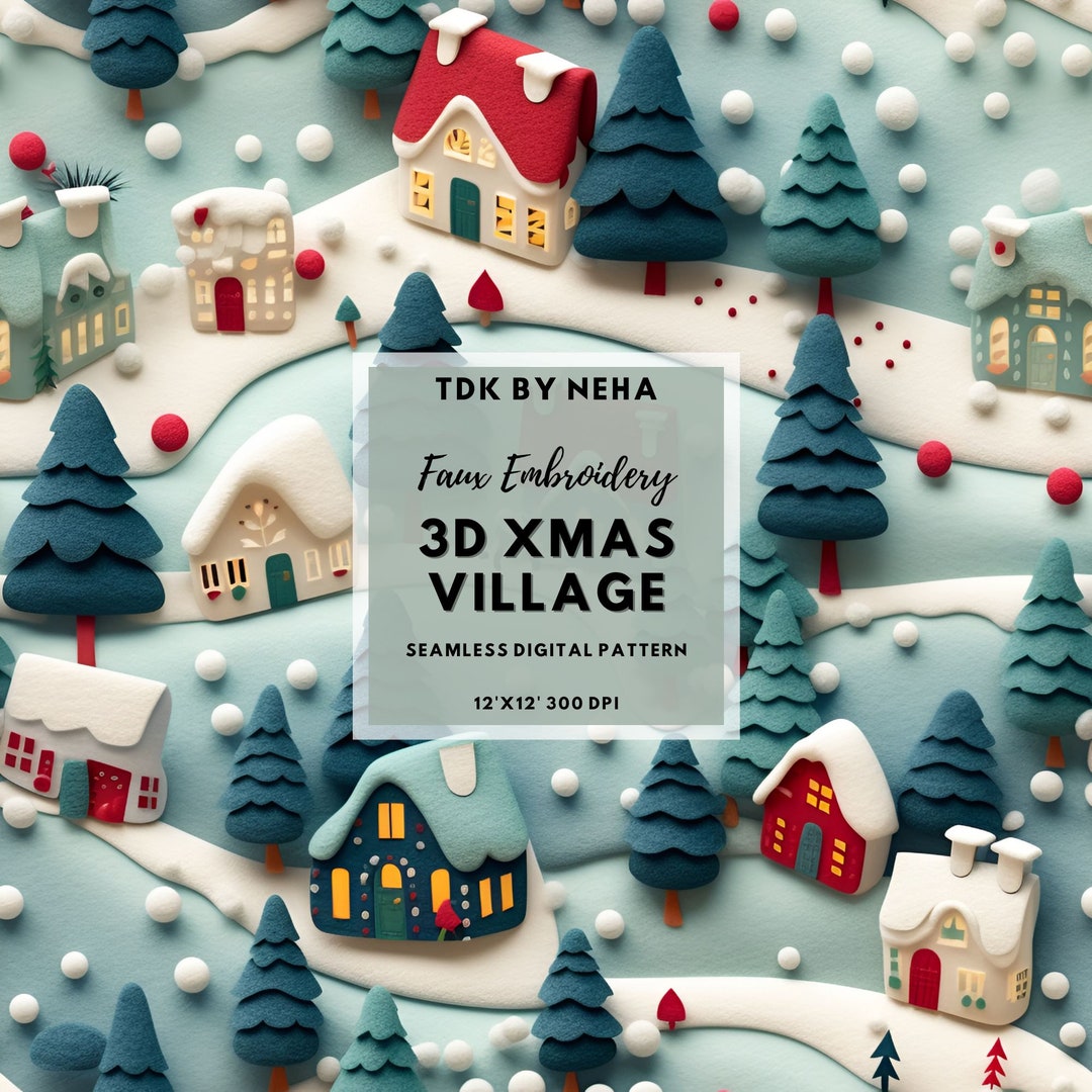 3d Christmas Village Digital Paper, Snowy Town Faux Embroidery Seamless ...
