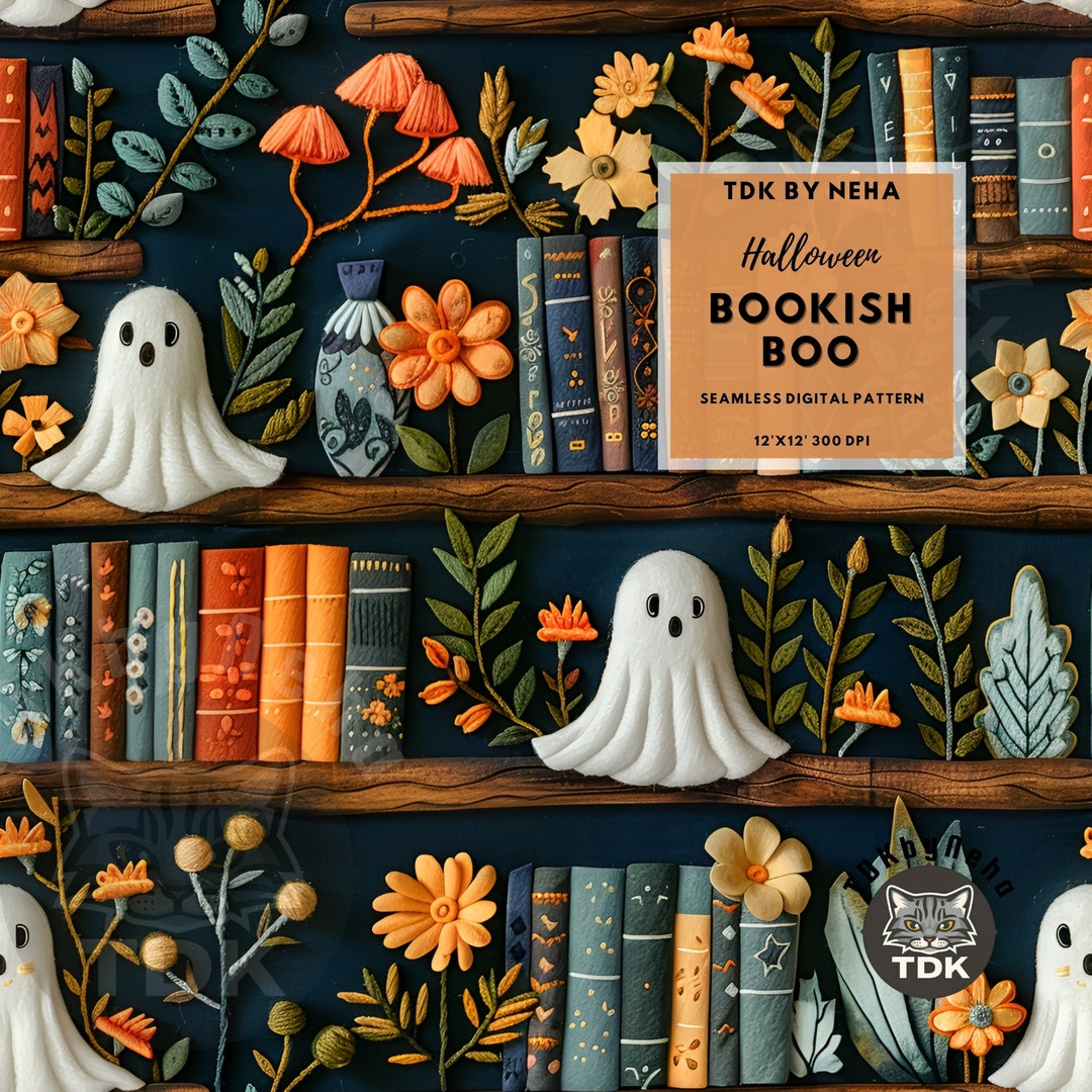 Boho Bookish Ghoul Seamless Pattern Reading Contemporary Digital Paper ...