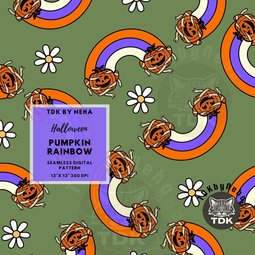 Retro Halloween Floral Rainbow Jack O Lantern Seamless Pattern Digital ...