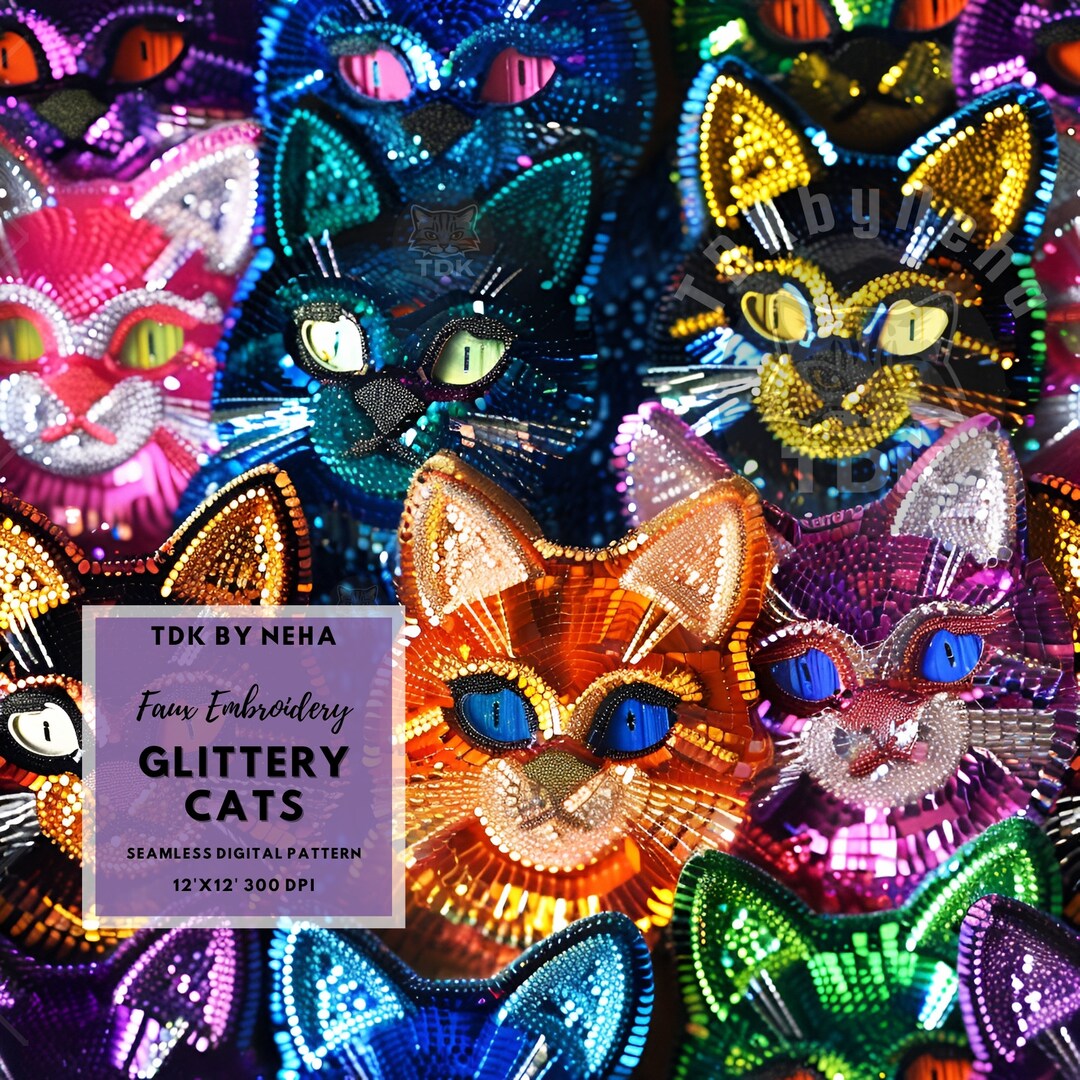 Cute Glitter Cat Sequins 3D Seamless Digital Paper Print, Iridescent ...