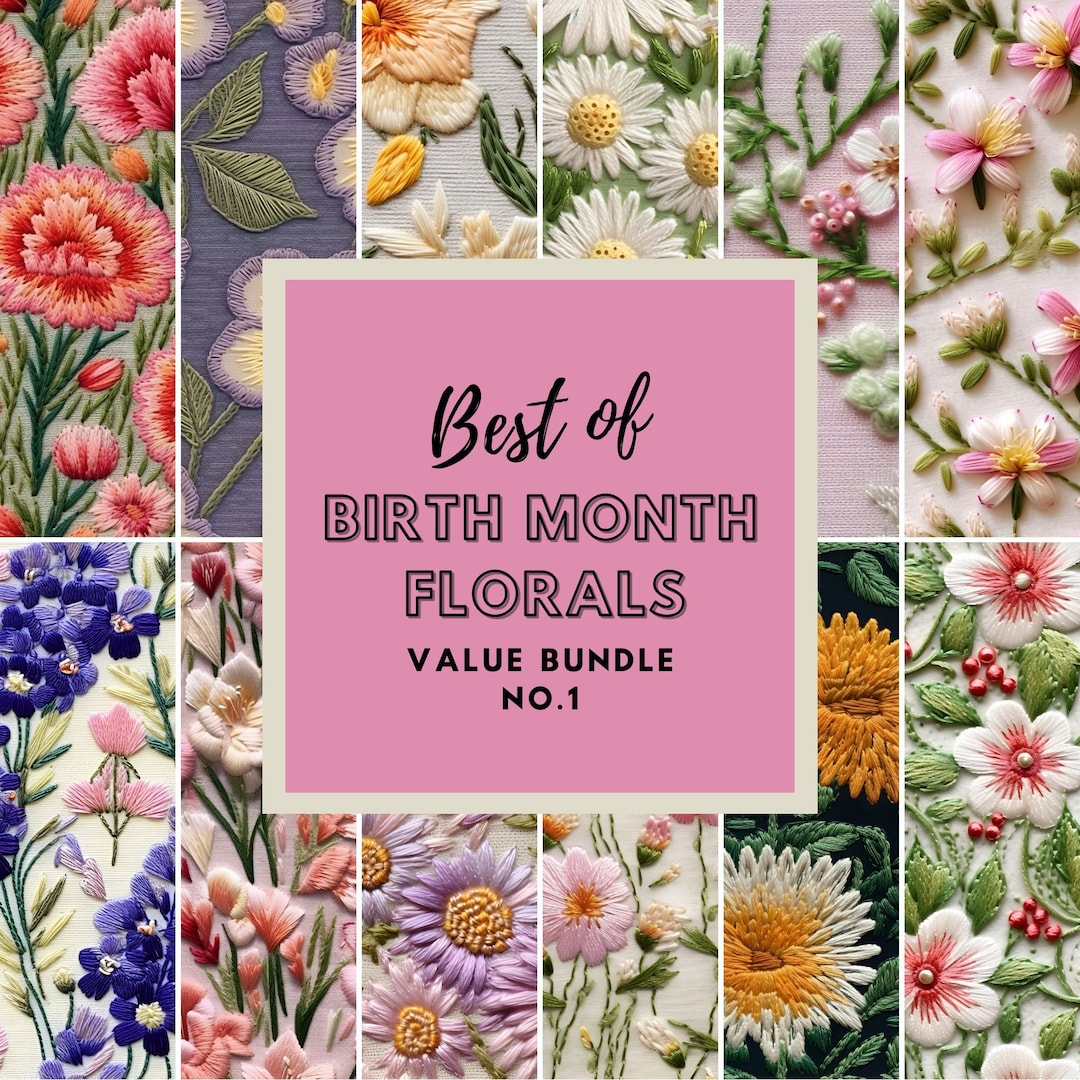 Birth Month Flower Embroidery Seamless File, Cute Floral Embroidery ...