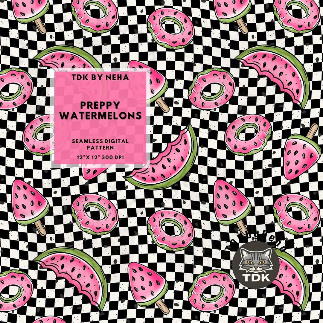 Preppy Watermelon Seamless Digital Paper for Fabric Printing, Checkered ...