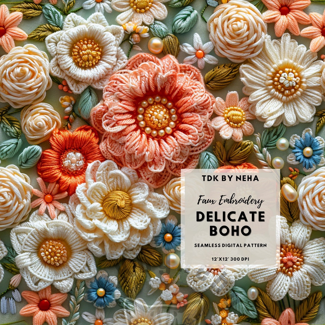 Delicate Boho Floral Faux Embroidery Seamless Pattern, Spring Summer ...