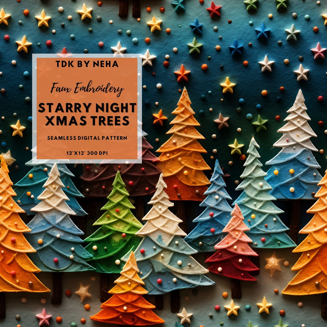 Starry Night Winter Embroidery Seamless Pattern, 3d Christmas Tree ...
