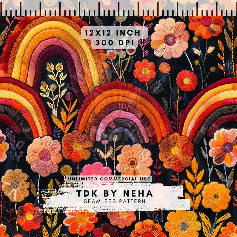 Fall Cottagecore Floral Rainbow Seamless Pattern Contemporary Digital ...
