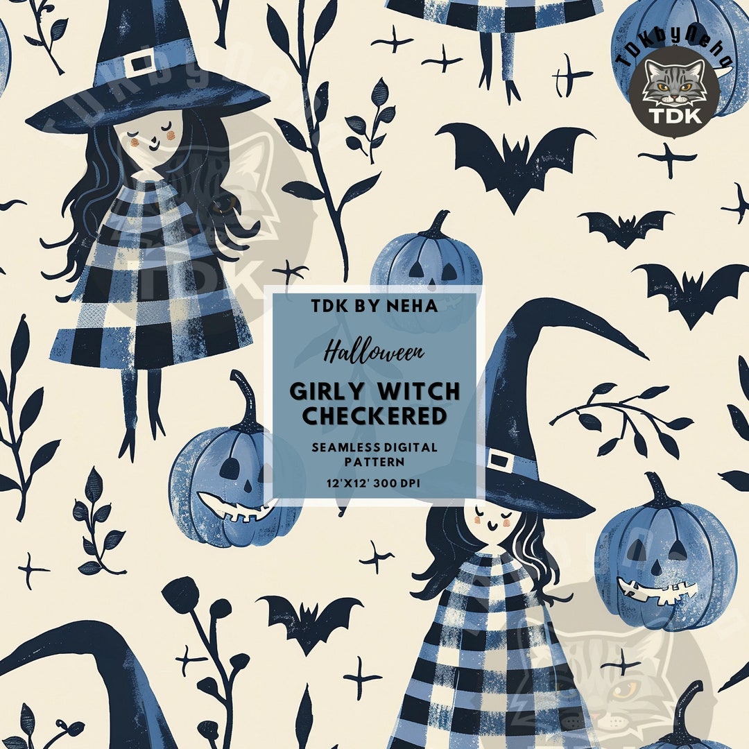 Girly Witch Halloween Checker Seamless Digital Paper Fabric Print Blue ...
