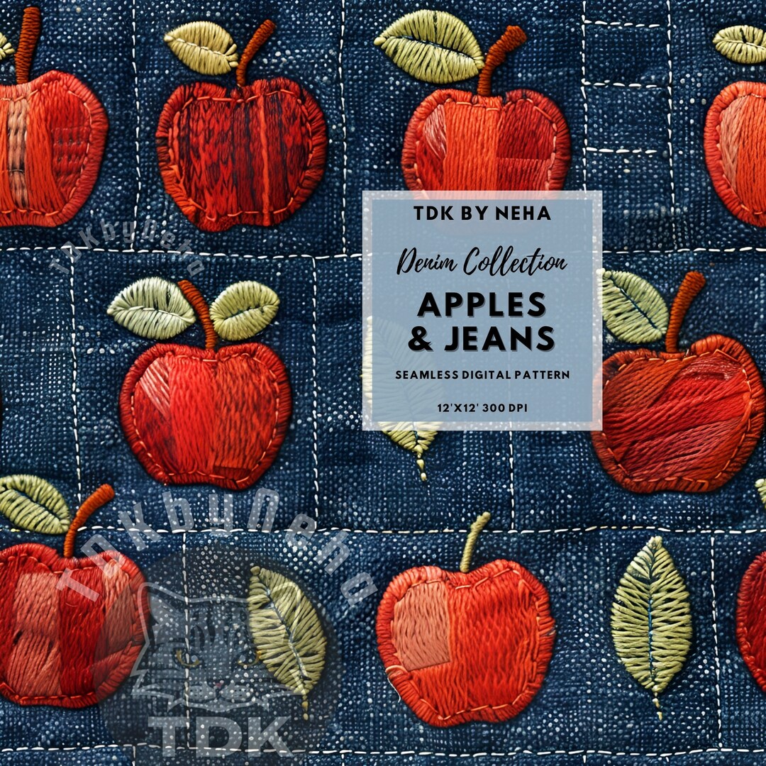 Apple Denim Stitch Faux Embroidery Seamless Digital Paper for Fabric ...