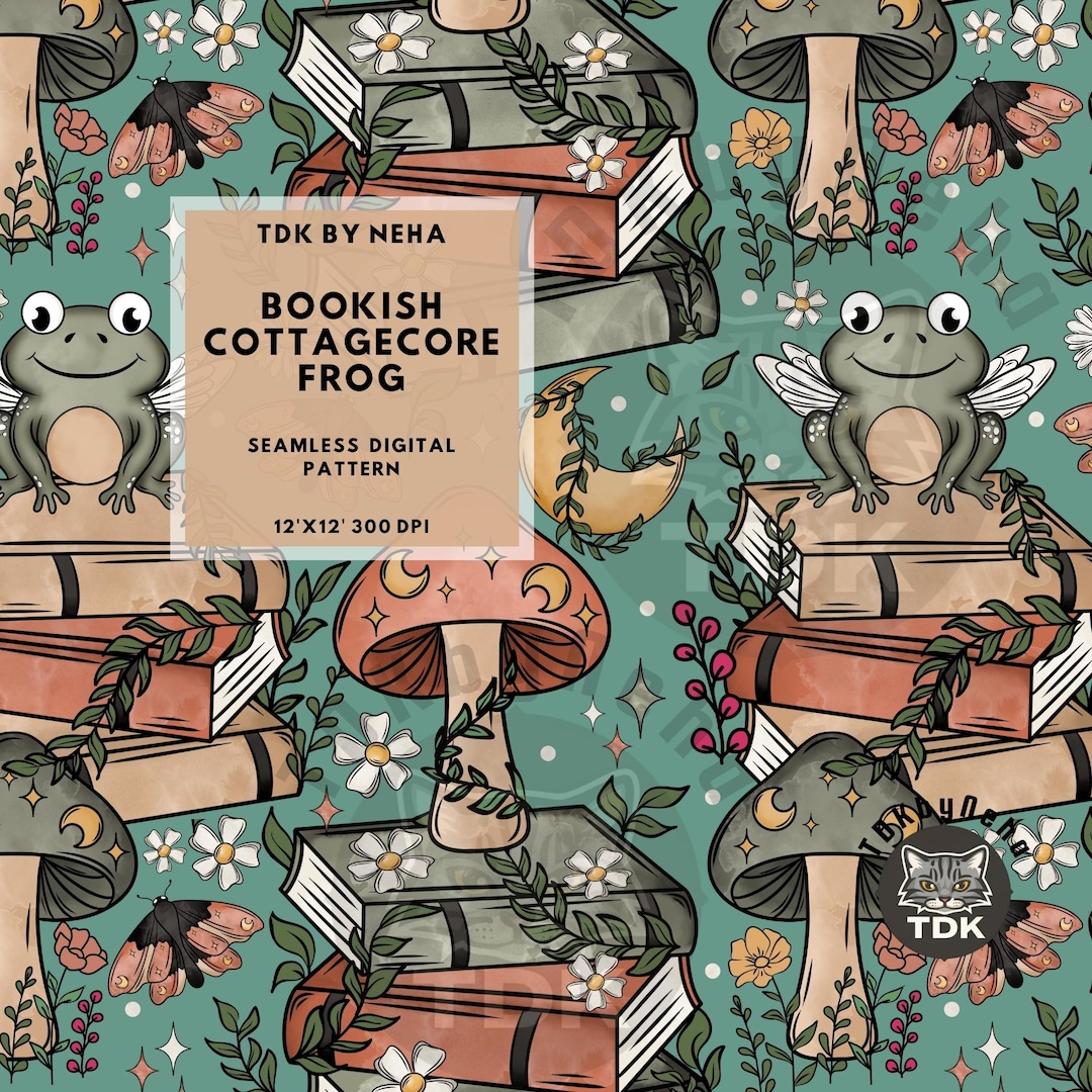 Floral Bookish Frog Cottagecore Seamless Pattern for Fabric Printing ...