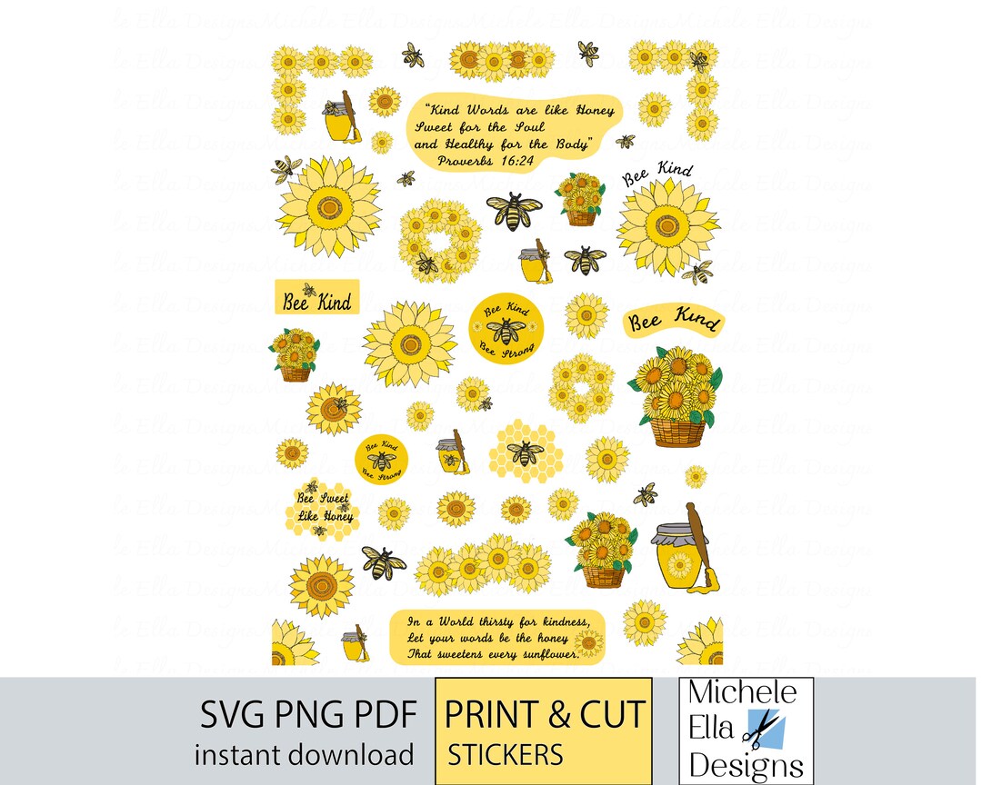 Digital File Instant Download Sticker Sheet Cute Sunflower Stickers for ...