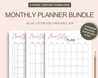 Undated Monthly Planner Printable, Month at A Glance, Monthly Calendar ...