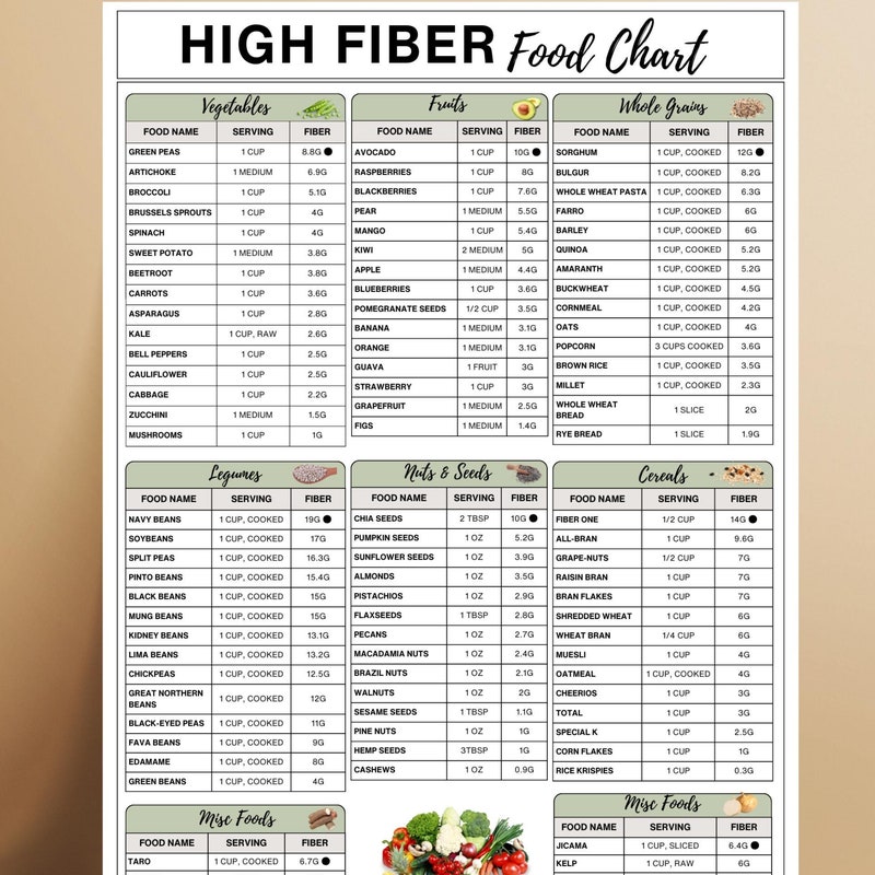 High Fiber Food Chart - Etsy