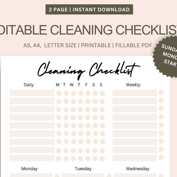 EDITABLE Cleaning Weekly Chore Chart Printable for Kids/family ...