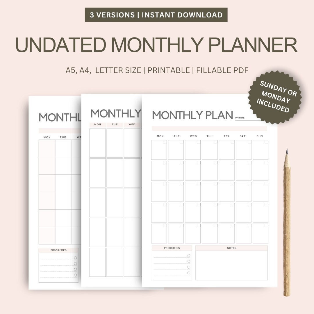 Undated Monthly Planner Printable, Monthly Organizer, Month at a Glance ...