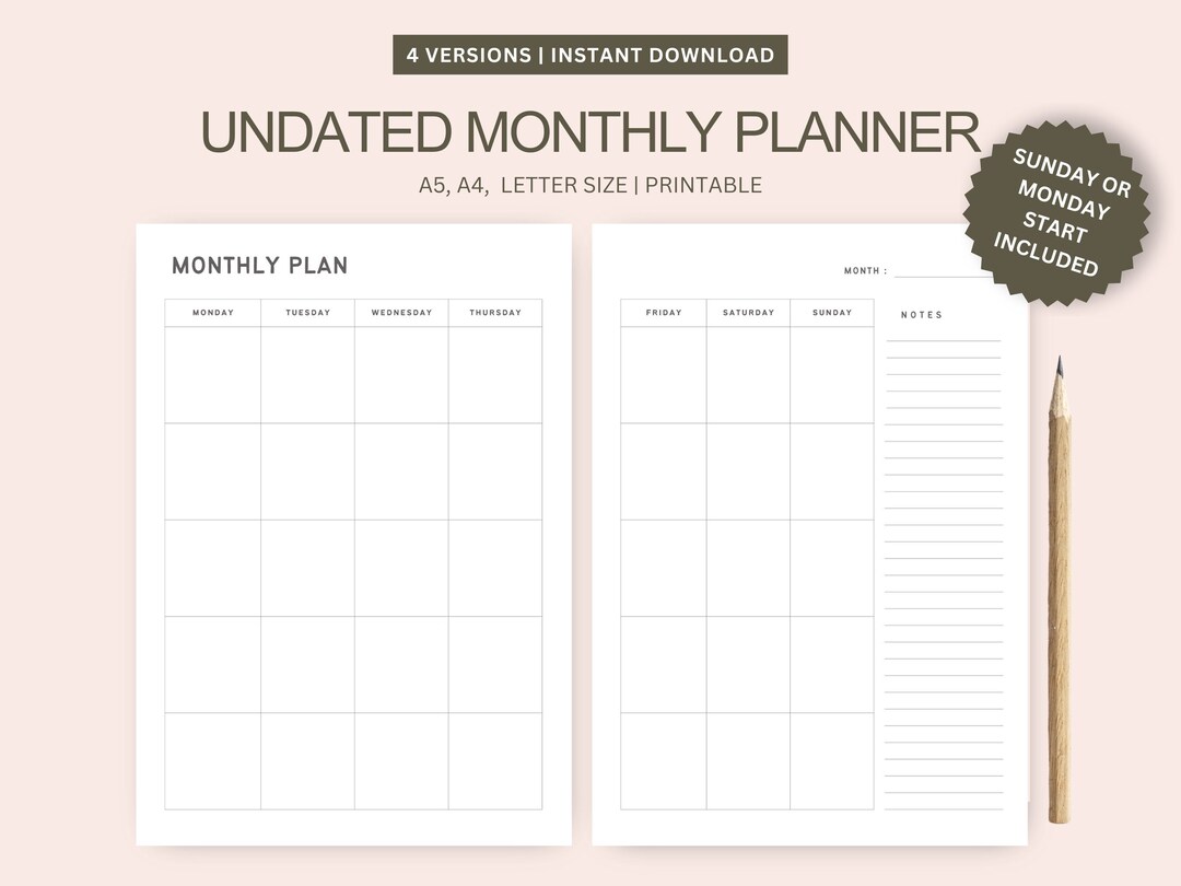 Undated Monthly Planner Printable, Month on Two Pages, Month at a ...