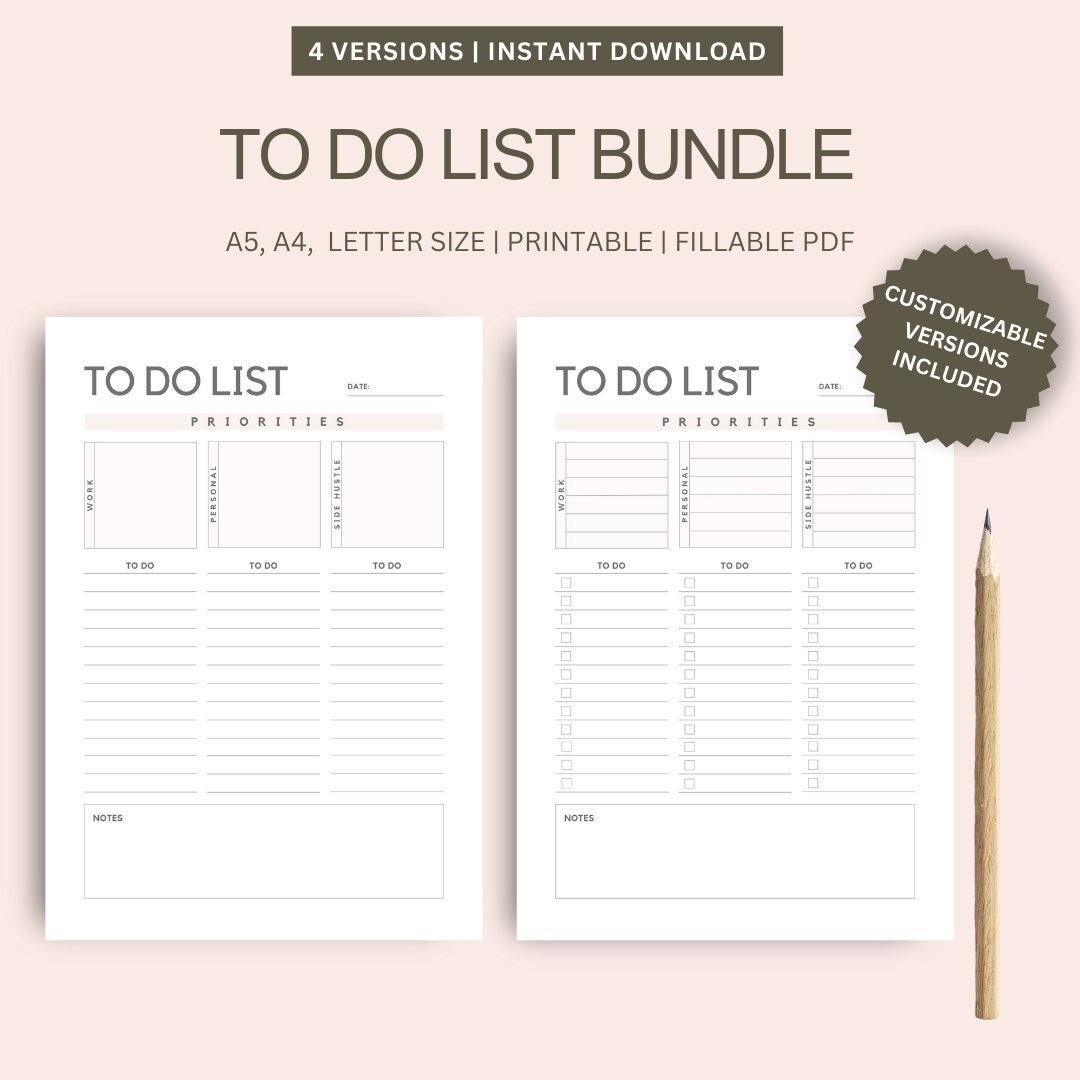 Printable to Do List Bundle Fillable PDF A4 A3 and Letter - Etsy