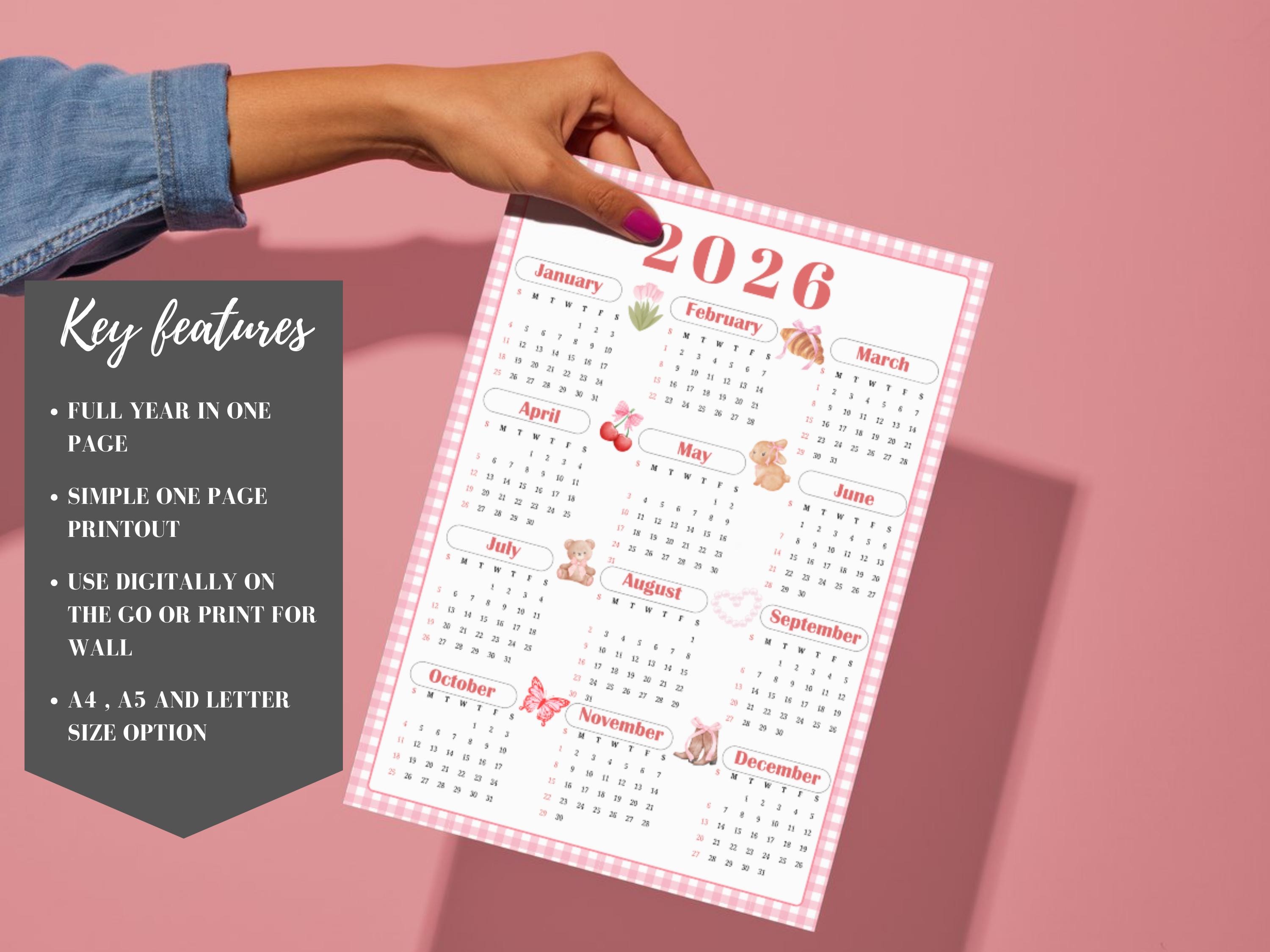 2026 Coquette Calendar, Pink Bow Gingham Design, 2026 Full Year ...