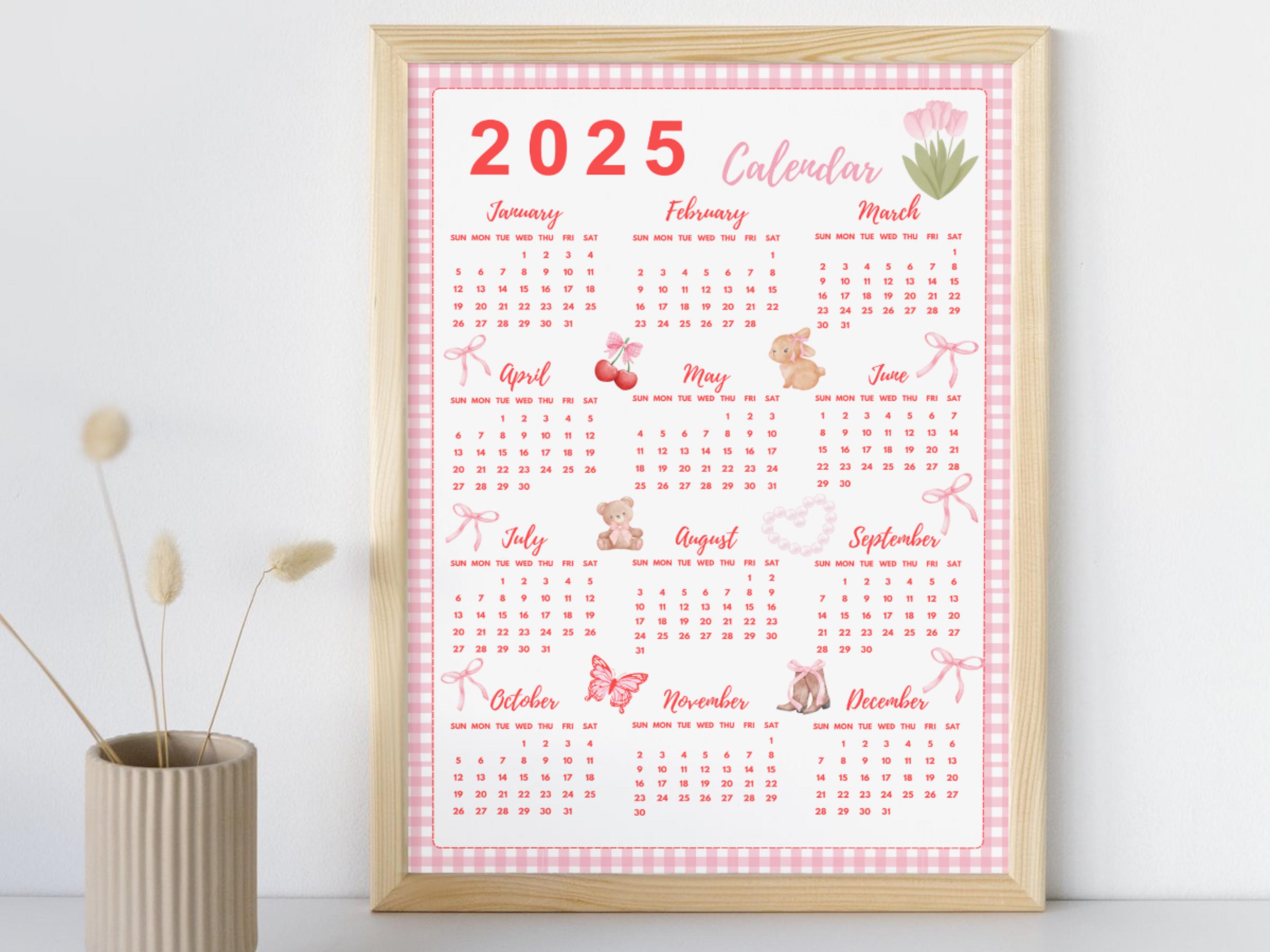2025 Printable Calendar, Coquette 2025 Calendar, Pink Bow Calendar ...