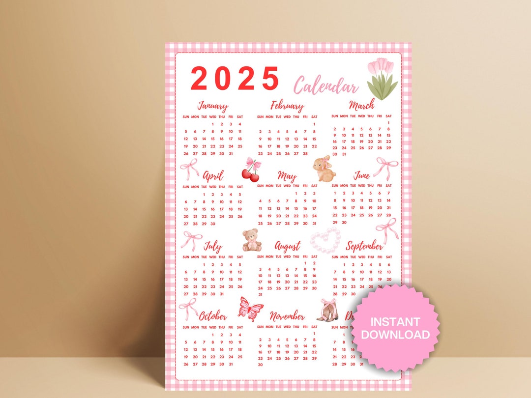 2025 Printable Calendar, Coquette 2025 Calendar, Pink Bow Calendar ...