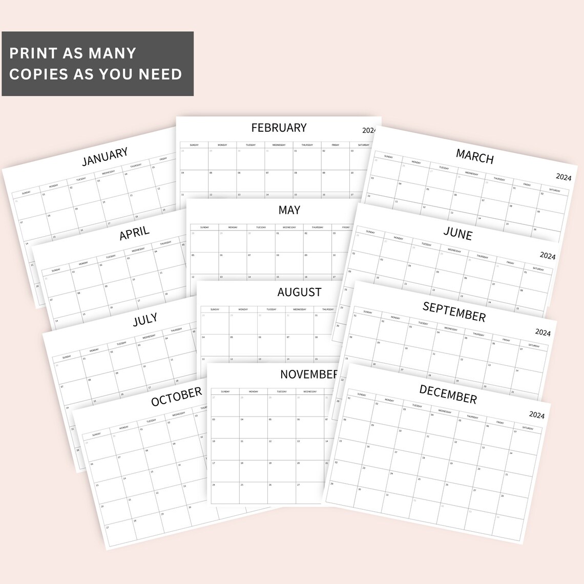 2024 Monthly Calendar Landscape, Printable Calendar Template ...
