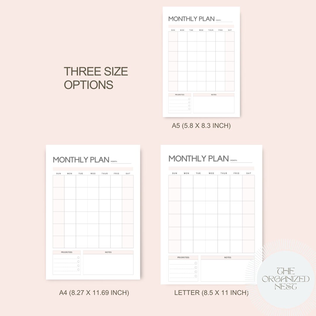 Undated Monthly Planner Printable, Monthly Organizer, Month at a Glance ...