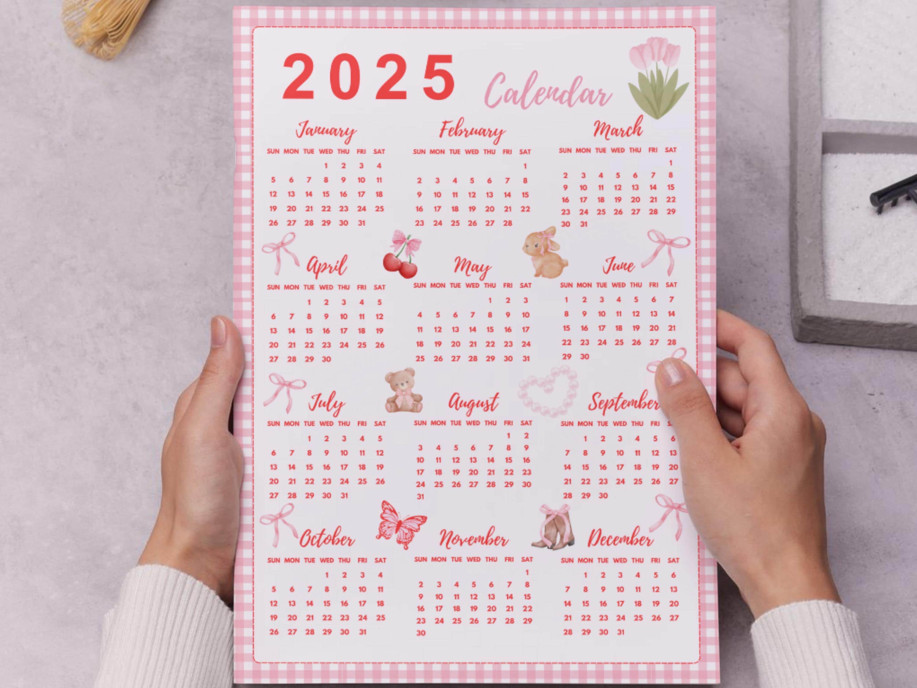 2025 Printable Calendar, Coquette 2025 Calendar, Pink Bow Calendar ...