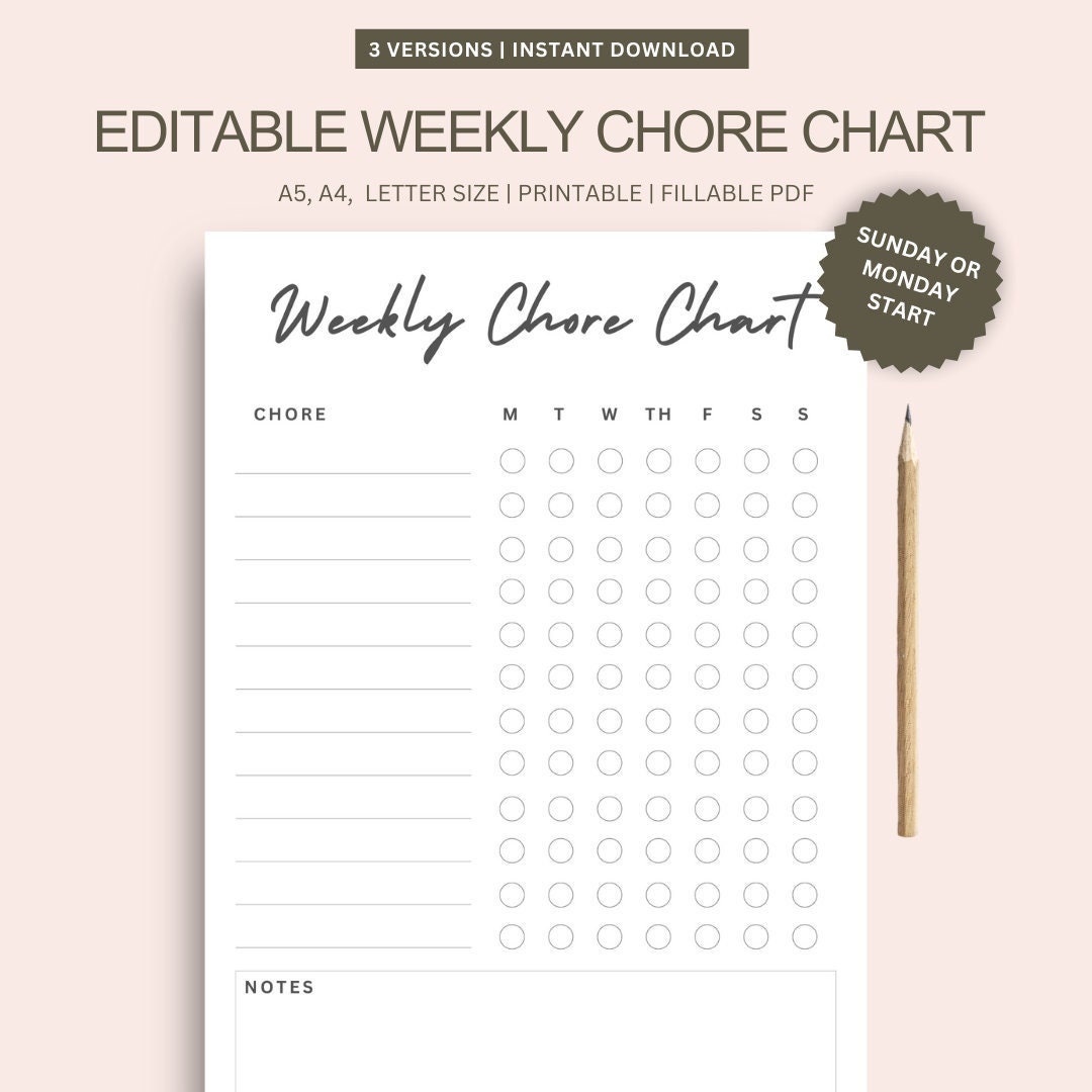 Weekly Chore Chart, Cleaning Checklist, Cleaning Schedule, Weekly House ...