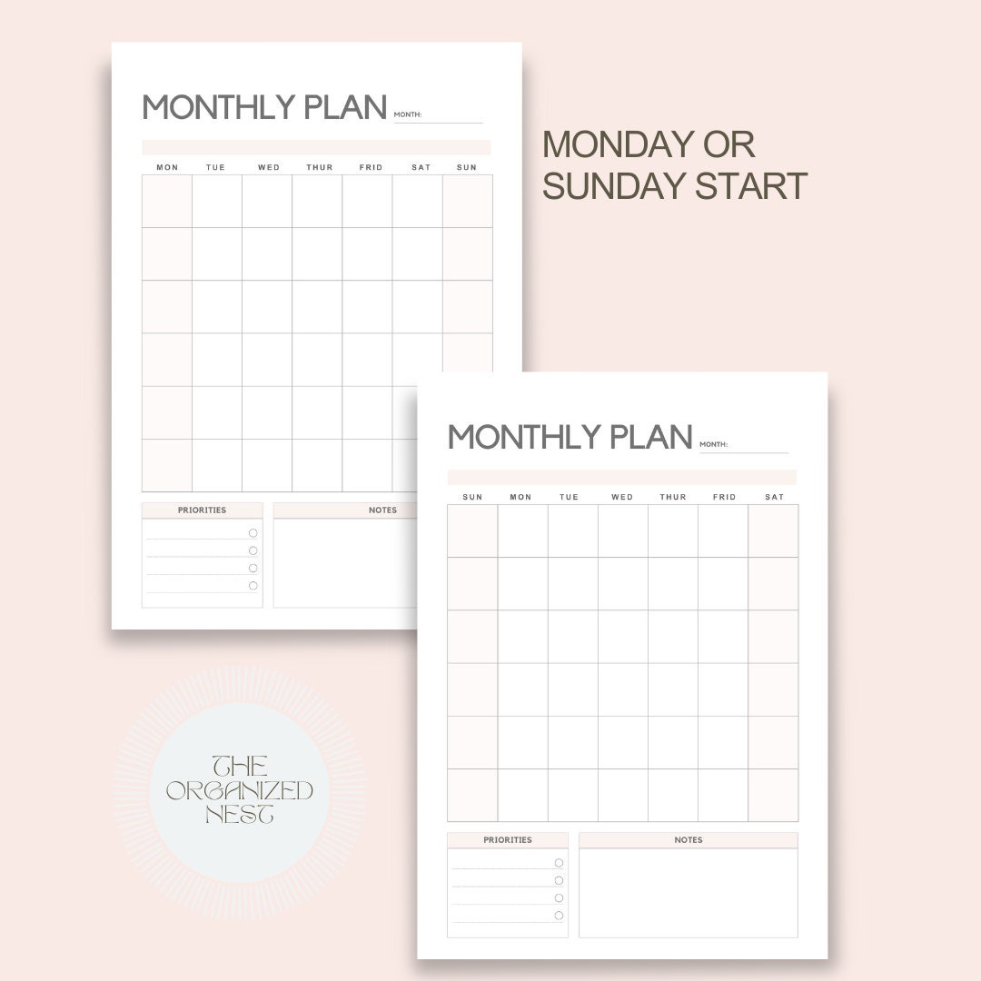 Undated Monthly Planner Printable, Monthly Organizer, Month at a Glance ...