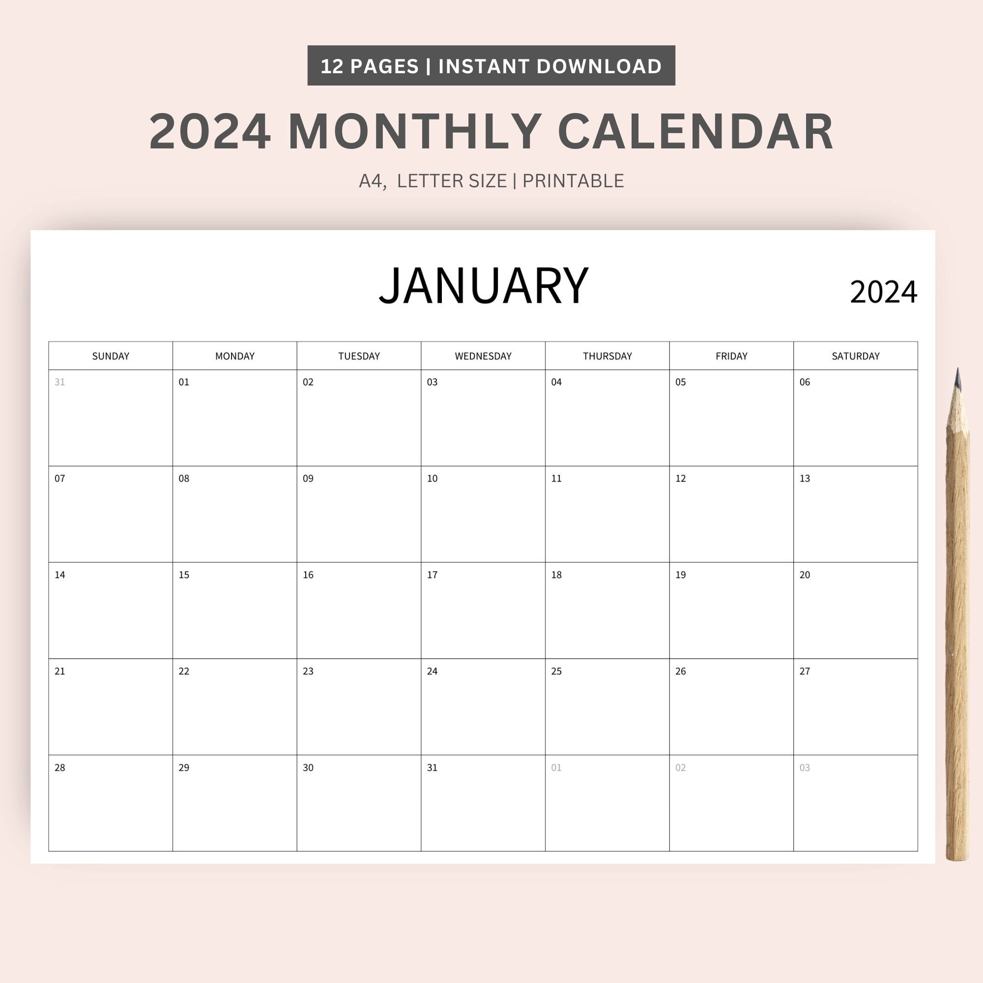2024 Monthly Calendar Landscape, Printable Calendar Template ...