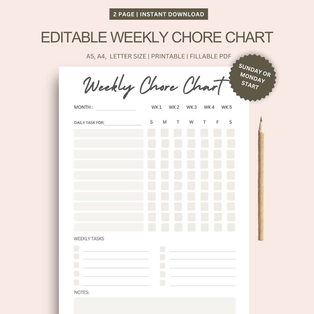 EDITABLE Cleaning Weekly Chore Chart Printable for Kids/family ...