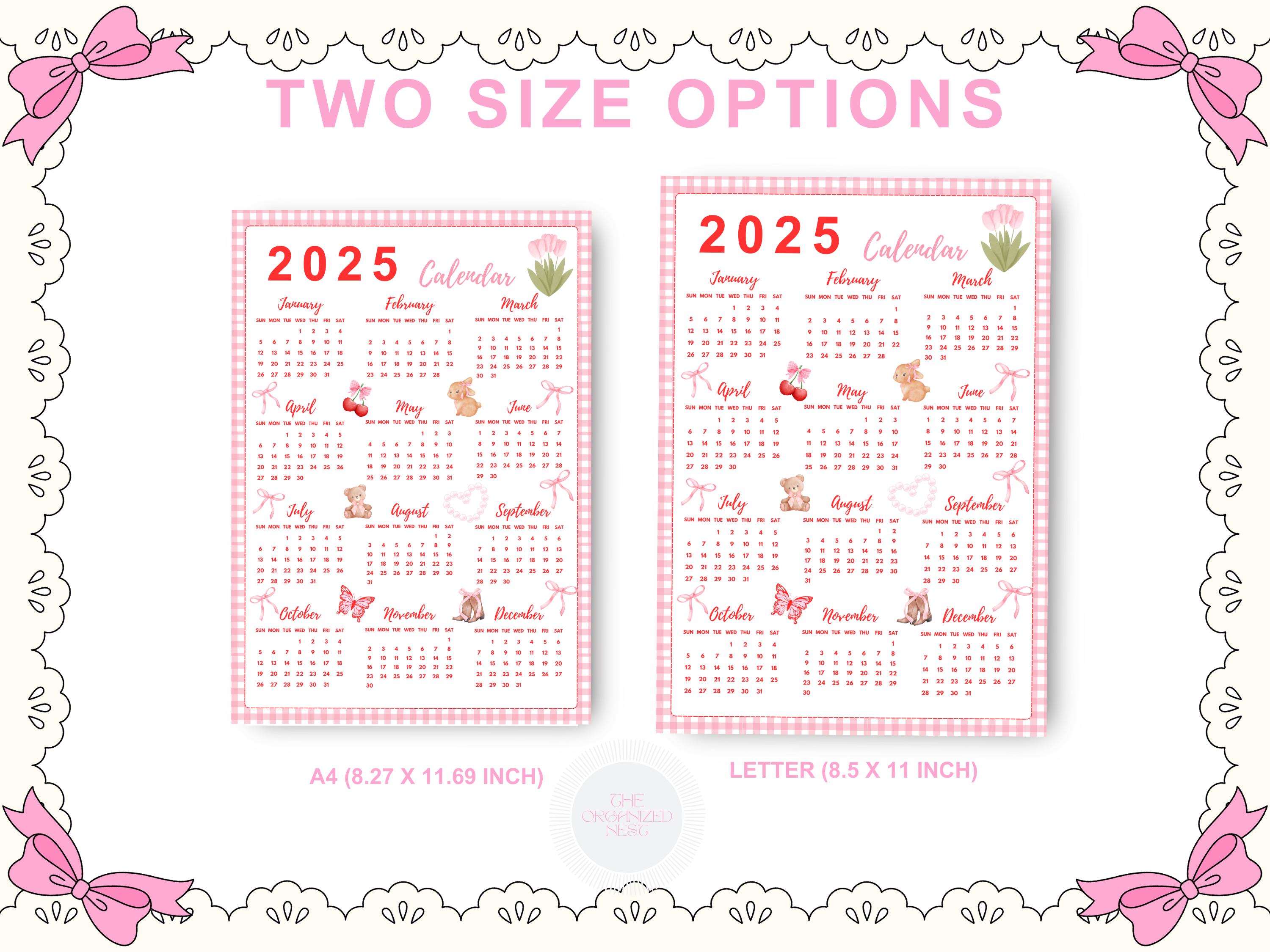 2025 Printable Calendar, Coquette 2025 Calendar, Pink Bow Calendar ...