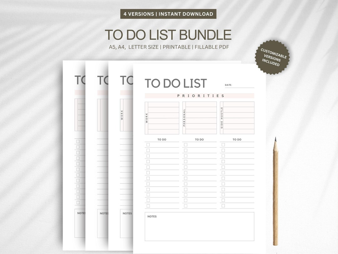 Printable to Do List Bundle, Fillable PDF, A4, A3, and Letter Size PDF ...