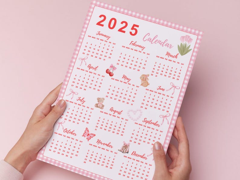2025 Printable Calendar, Coquette 2025 Calendar, Pink Bow Calendar ...
