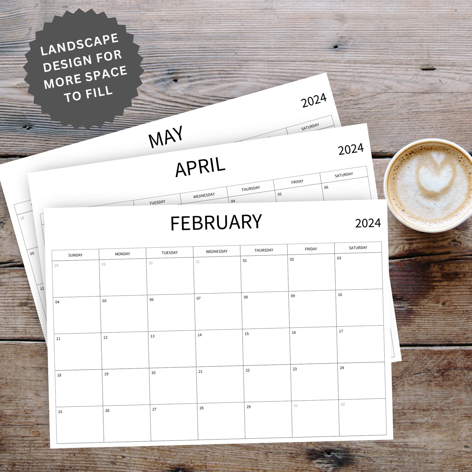 2024 Monthly Calendar Landscape, Printable Calendar Template ...