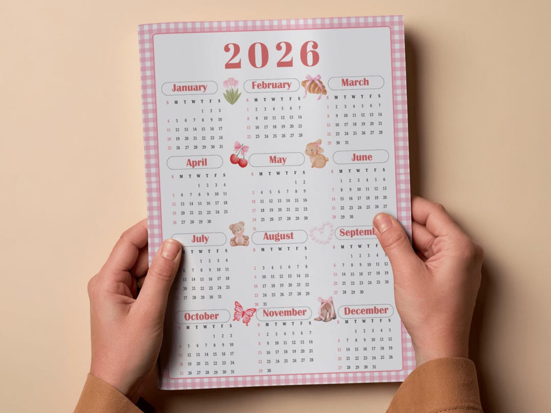 2026 Coquette Calendar, Pink Bow Gingham Design, 2026 Full Year ...