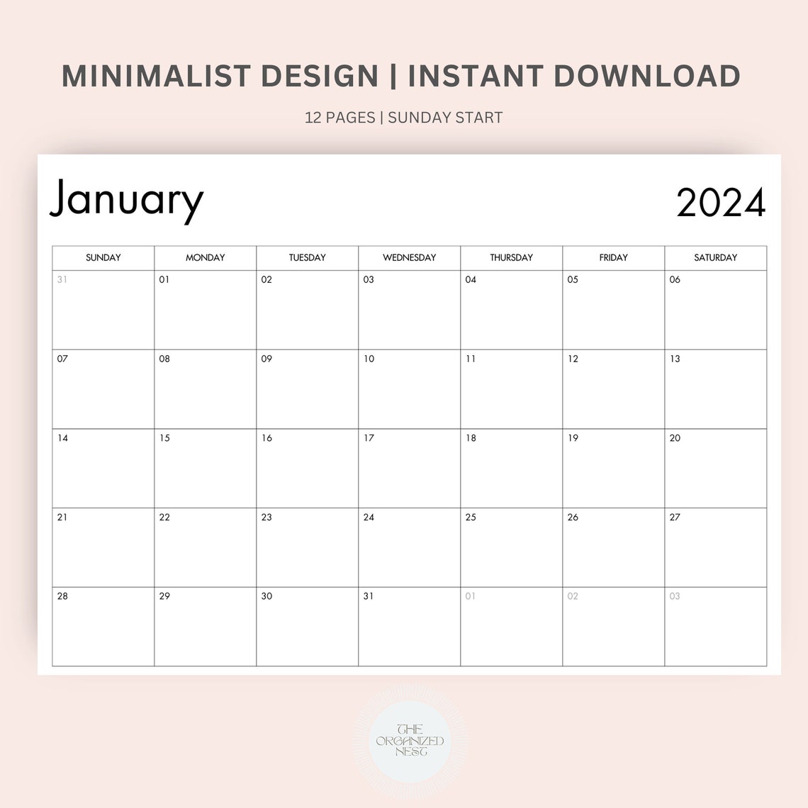 2024 Monthly Calendar Landscape, Printable Calendar Template ...