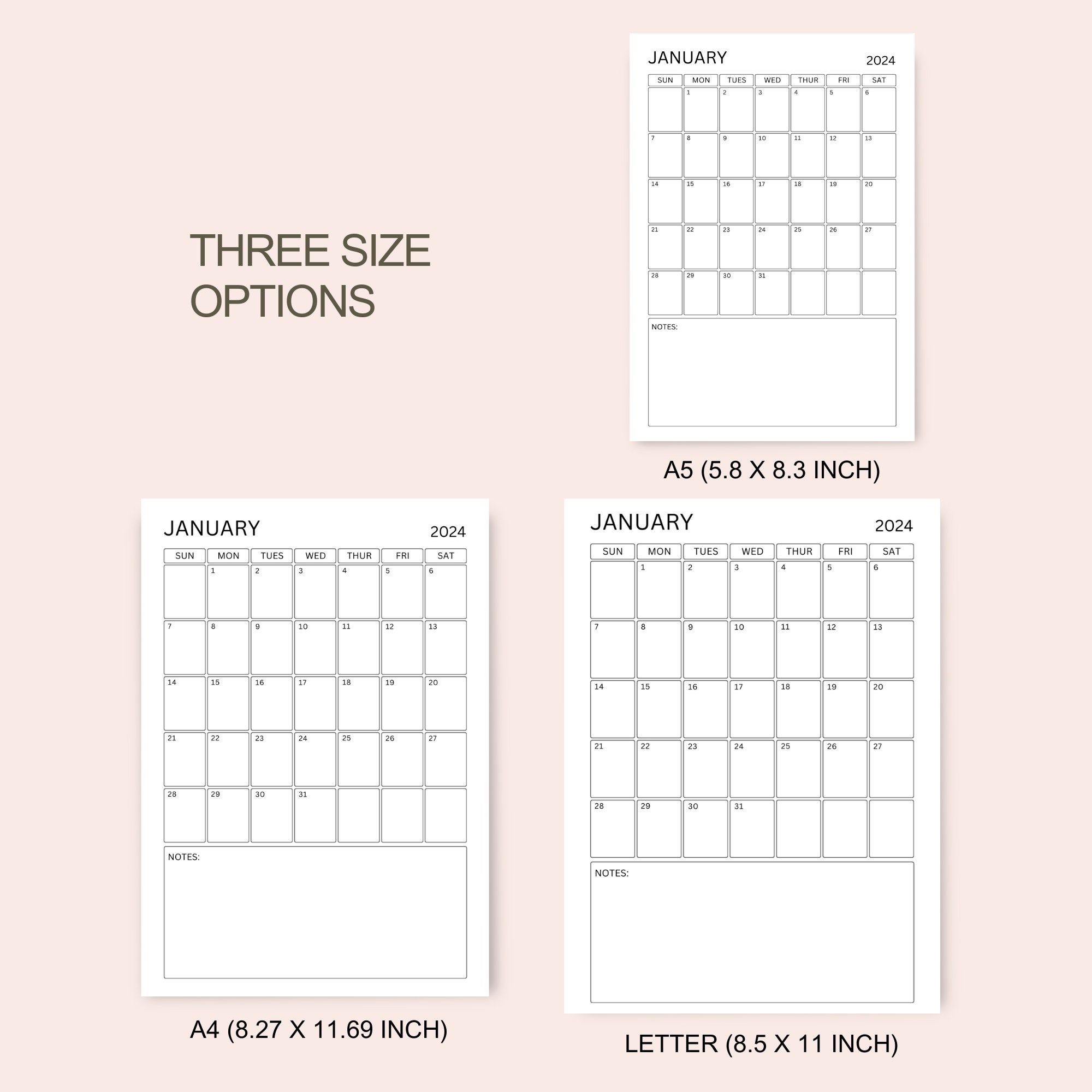 2024 Monthly Calendar Portrait, Printable Calendar Template, Minimalist ...