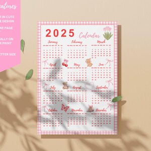 2025 Printable Calendar, Coquette 2025 Calendar, Pink Bow Calendar ...