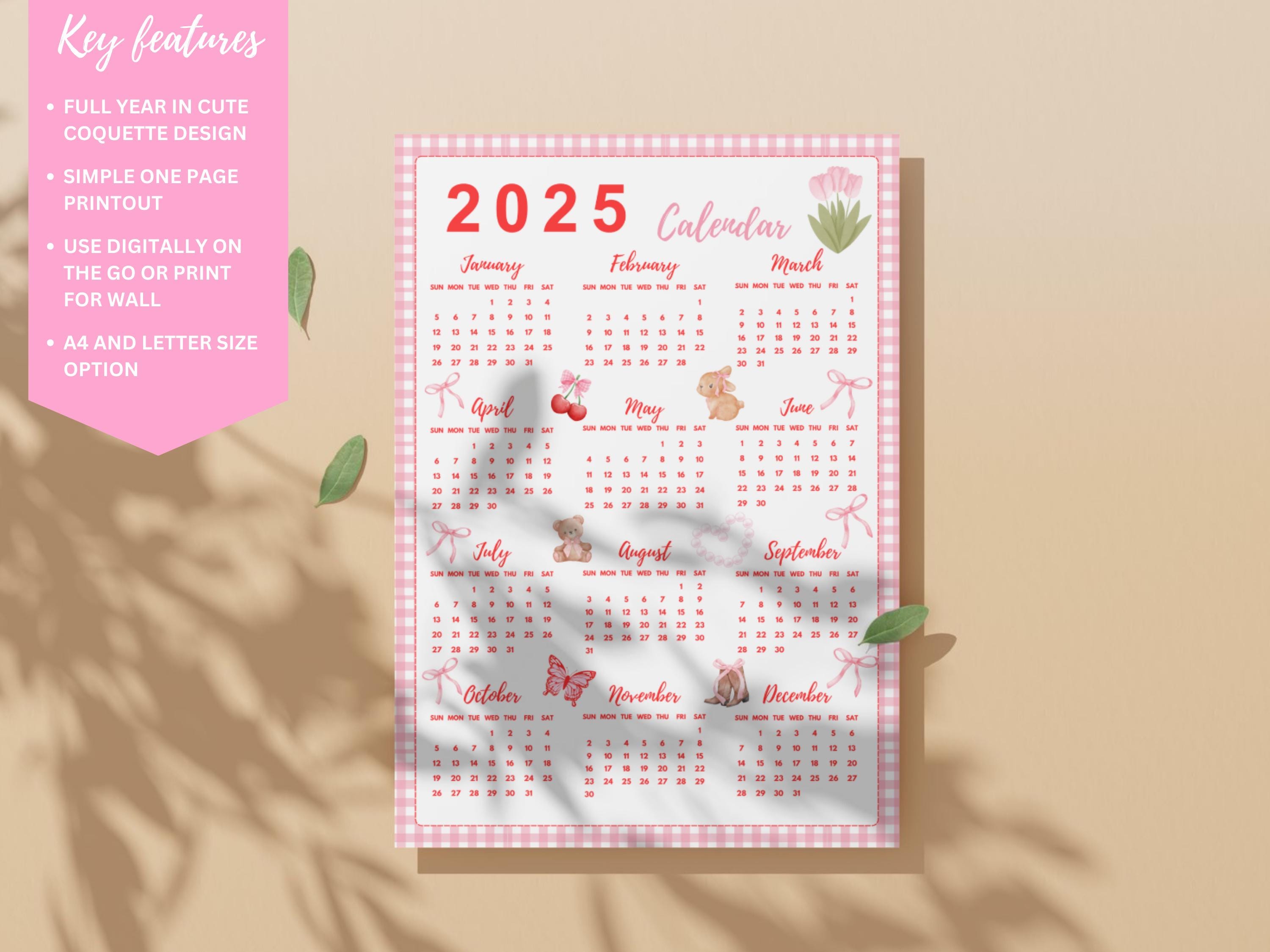2025 Printable Calendar, Coquette 2025 Calendar, Pink Bow Calendar ...