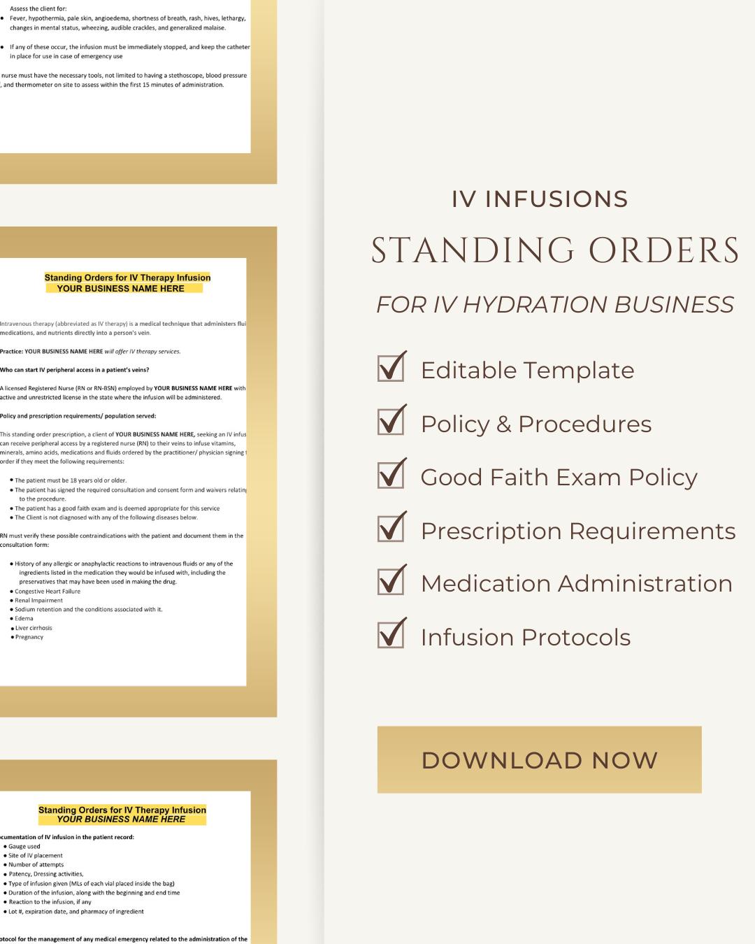 Editable IV Infusions Standing Orders Template for IV Therapy Clinics ...