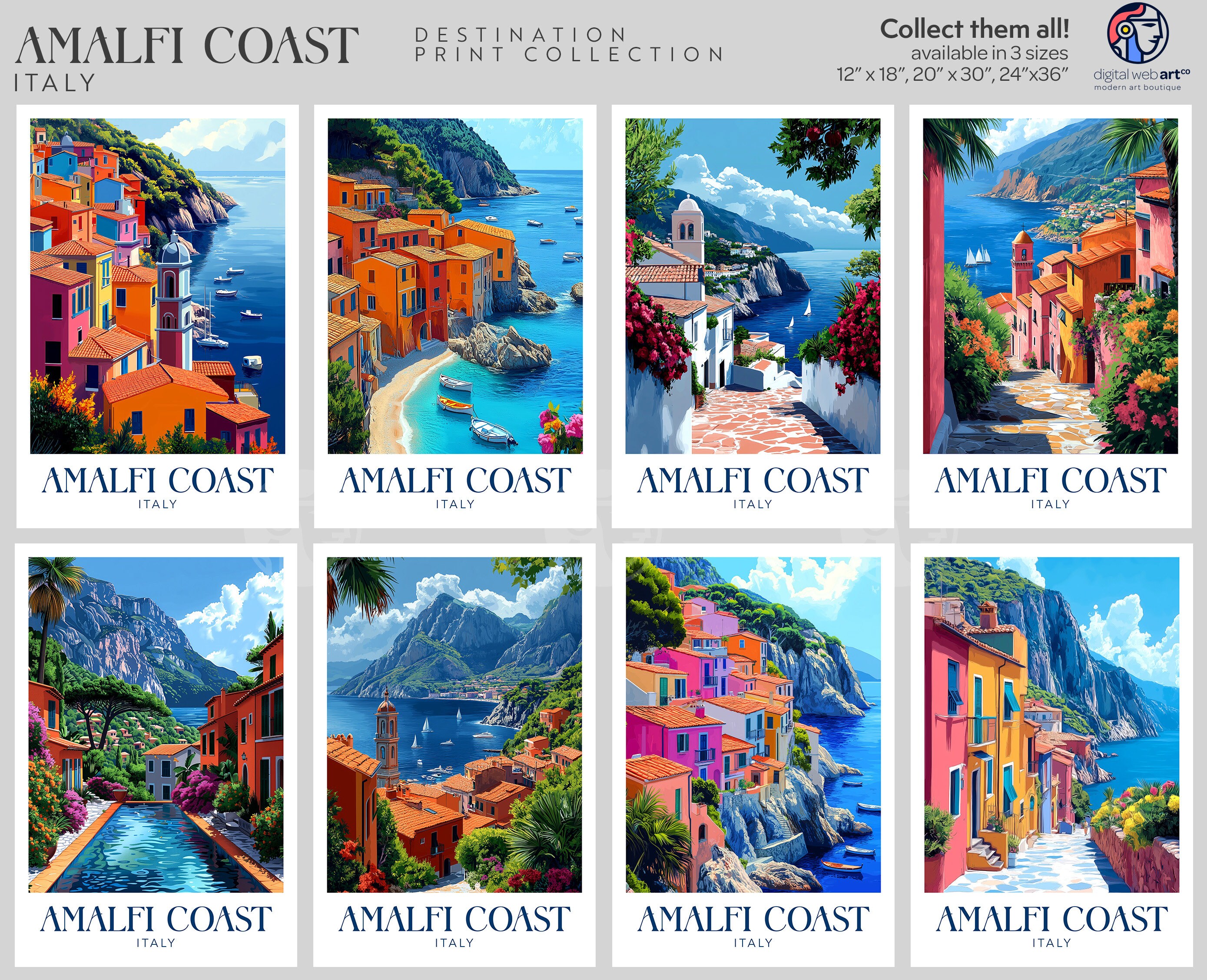 Amalfi Coast Italy Travel Poster Print, Colorful Mediterranean Villa ...