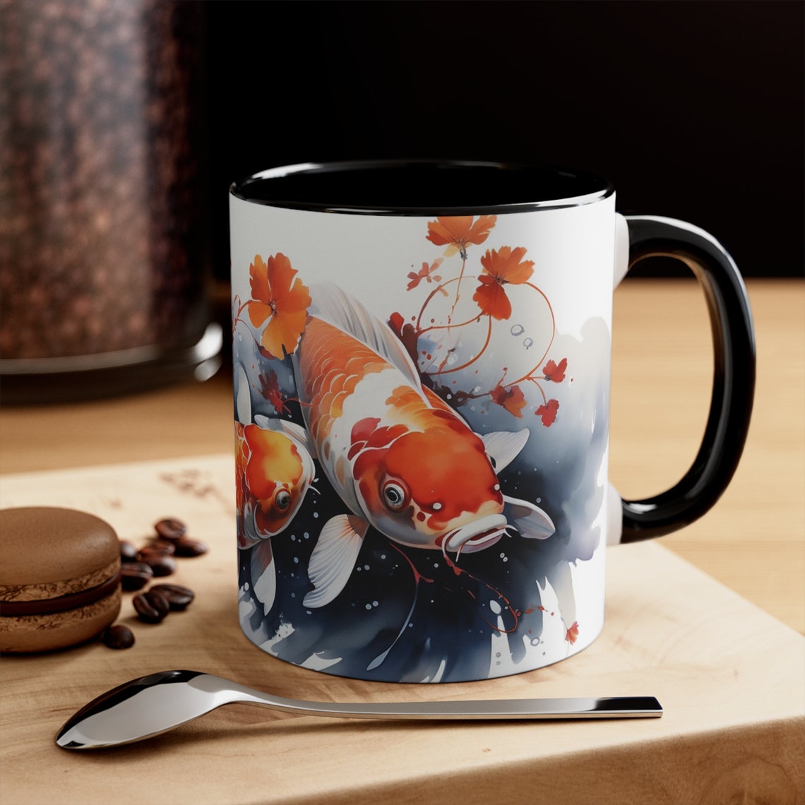 Two Japanese Koi Fish With Lillies Coffee Mug, Fish Lover Mug, Japanese ...