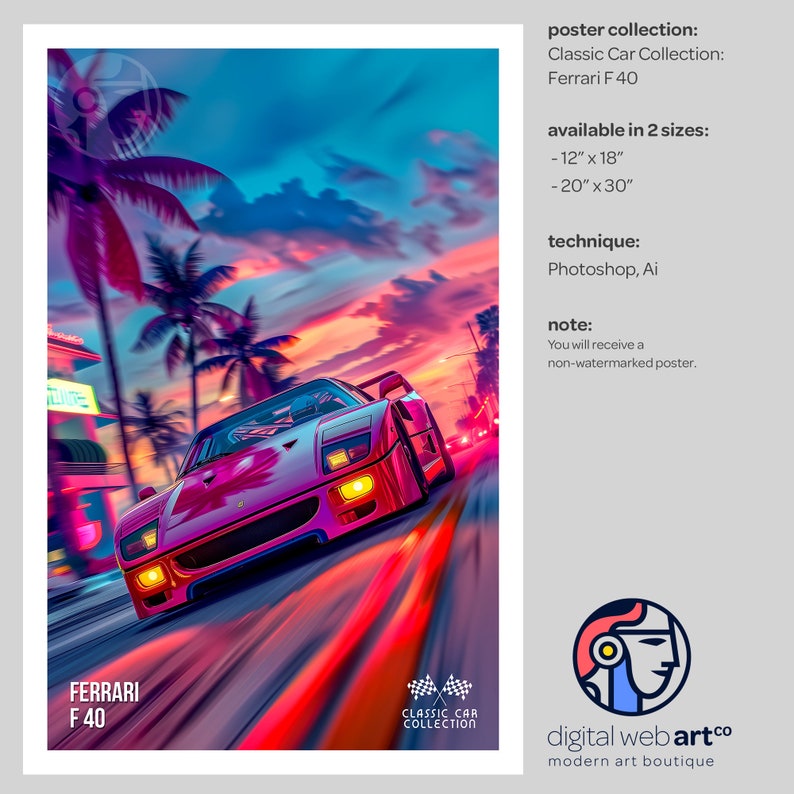 Ferrari F40 Poster – Miami Sunset, Sports Car Art - Etsy