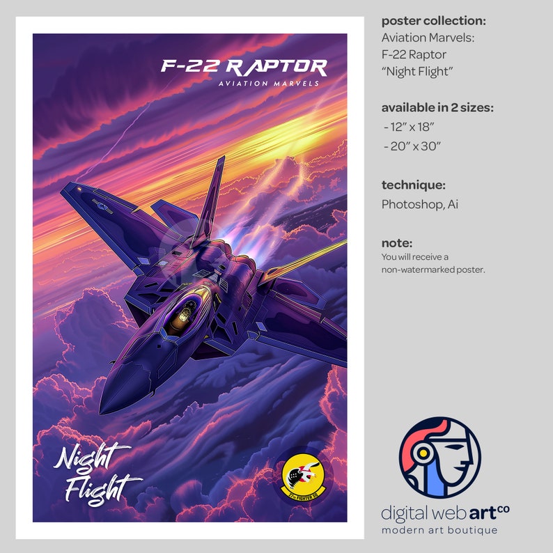 F-22 Raptor Fighter Jet Poster Night Flight, Jet Poster, Aviation Lover ...