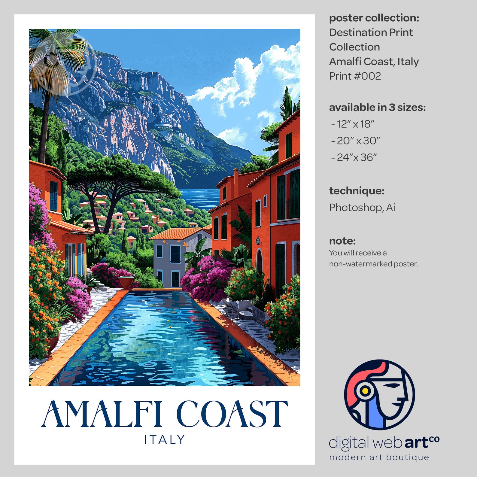 Amalfi Coast Italy Travel Poster Print, Colorful Mediterranean Villa ...