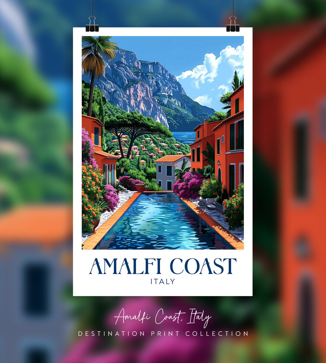 Amalfi Coast Italy Travel Poster Print, Colorful Mediterranean Villa ...