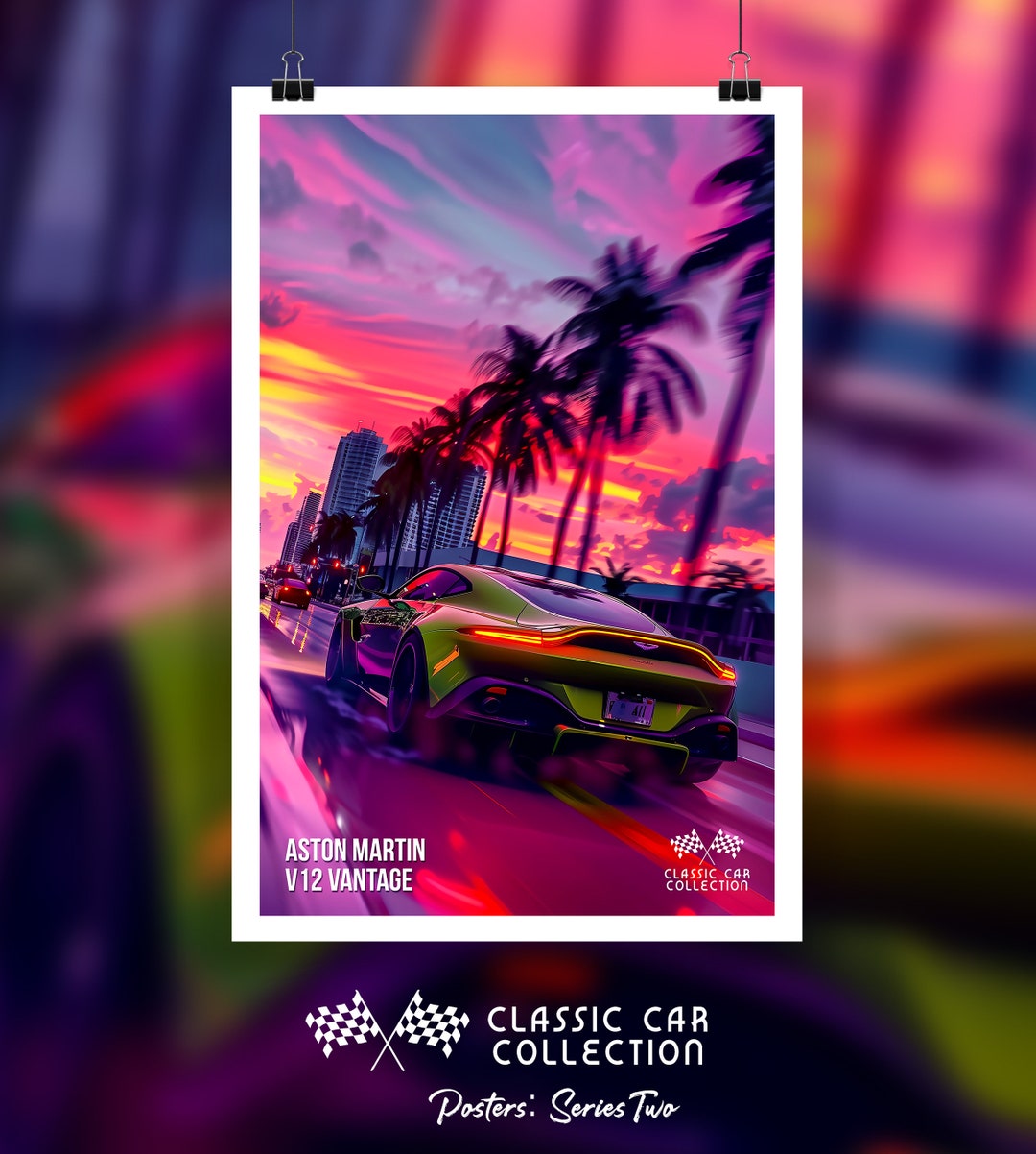 Aston Martin V12 Vantage Poster – Miami Sunset, Classic Car Art - Etsy
