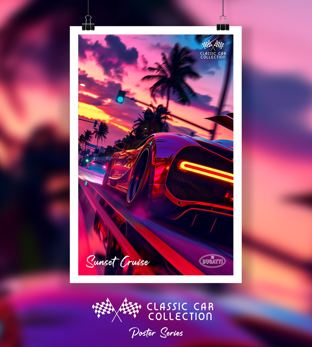 Bugatti Chiron Poster – Miami Sunset, Classic Car Art - Etsy